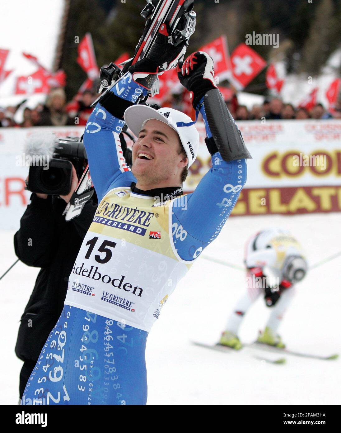 Swiss ski racer Marc Berthod celebrates his first place after Stephan ...