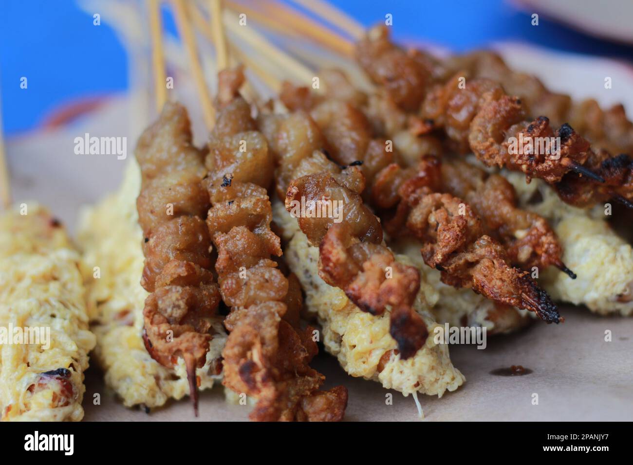 photo de satay de poulet enrobé d'œuf frit et de satay d'intestin de ...