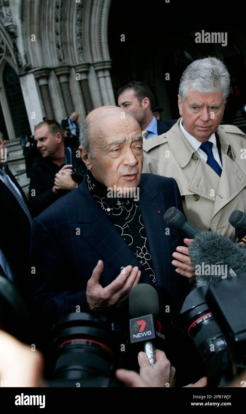 Mohamed Al Fayed speaks to the media as he arrives at the Royal Court ...