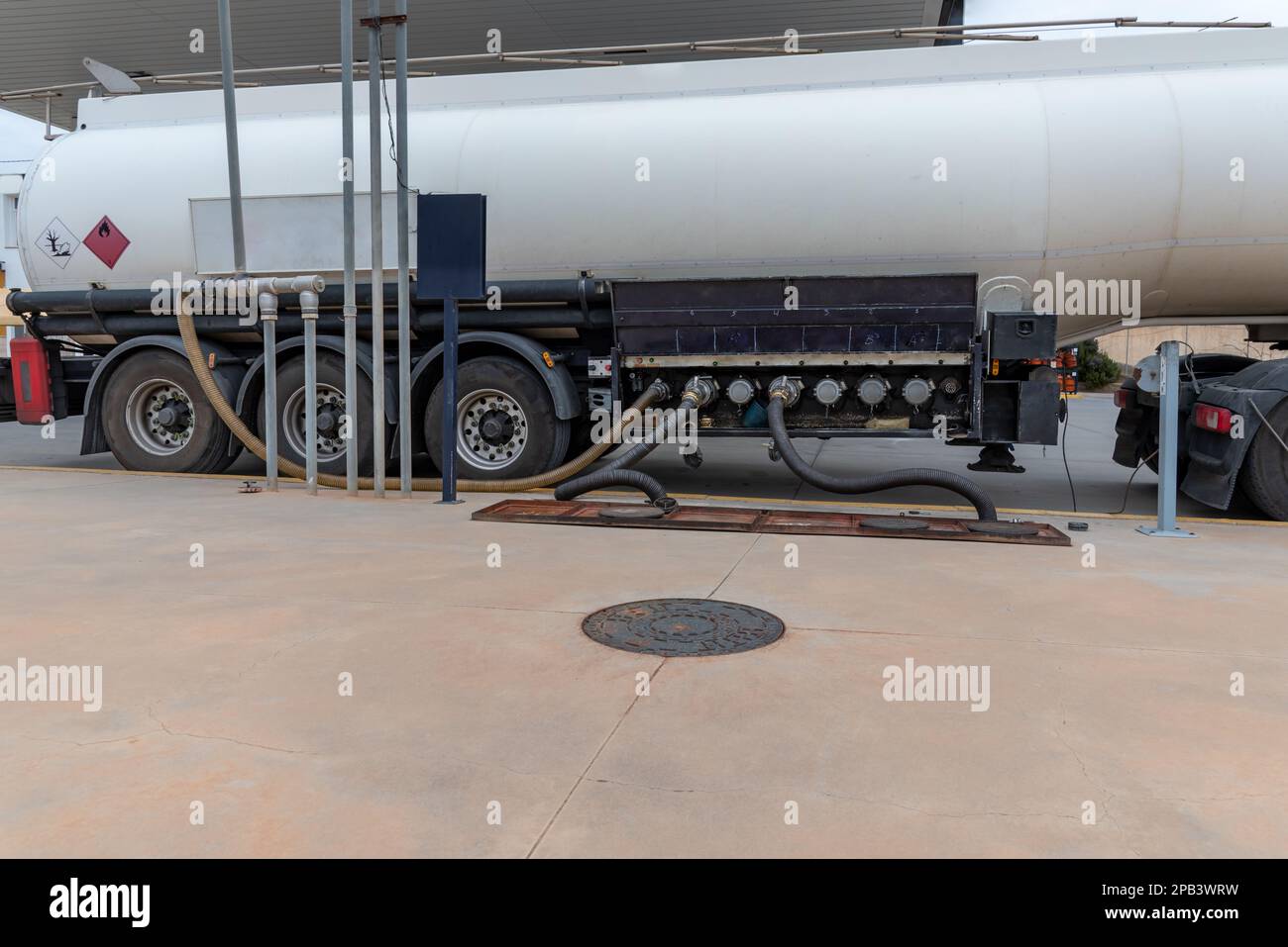 Camion-citerne à carburant déchargeant à une station-service, avec deux flexibles connectés, un ...