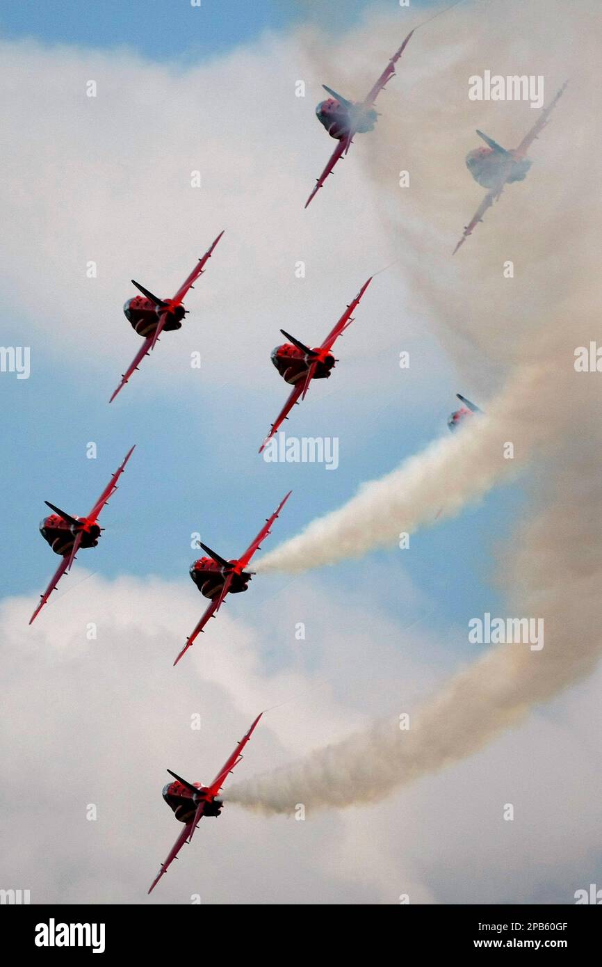 Aircrafts of the Royal Air Force's Red Arrows fly a formation during ...