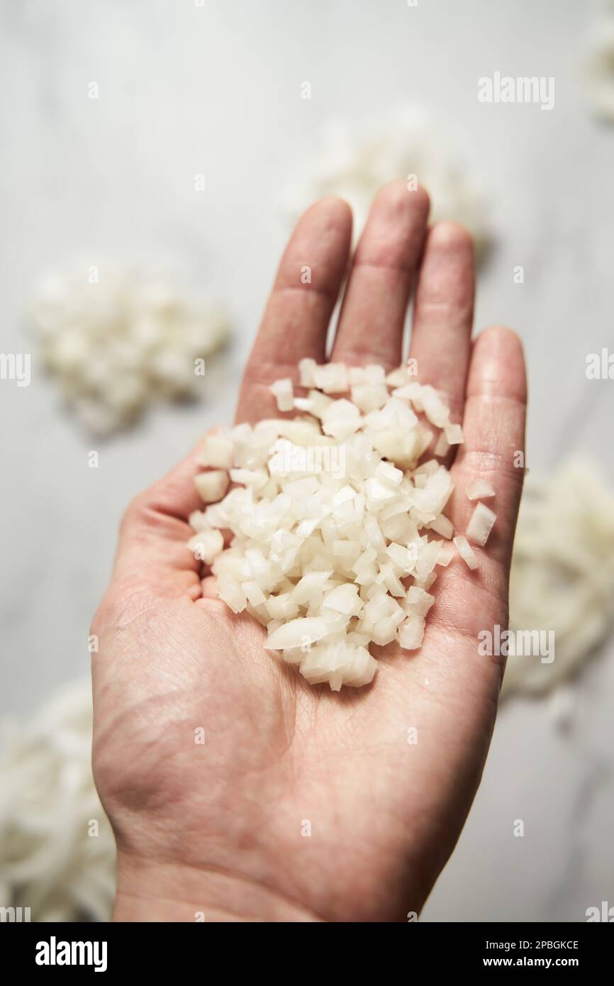 Petits oignons coupés en petits dés ou finement hachés à la main ...