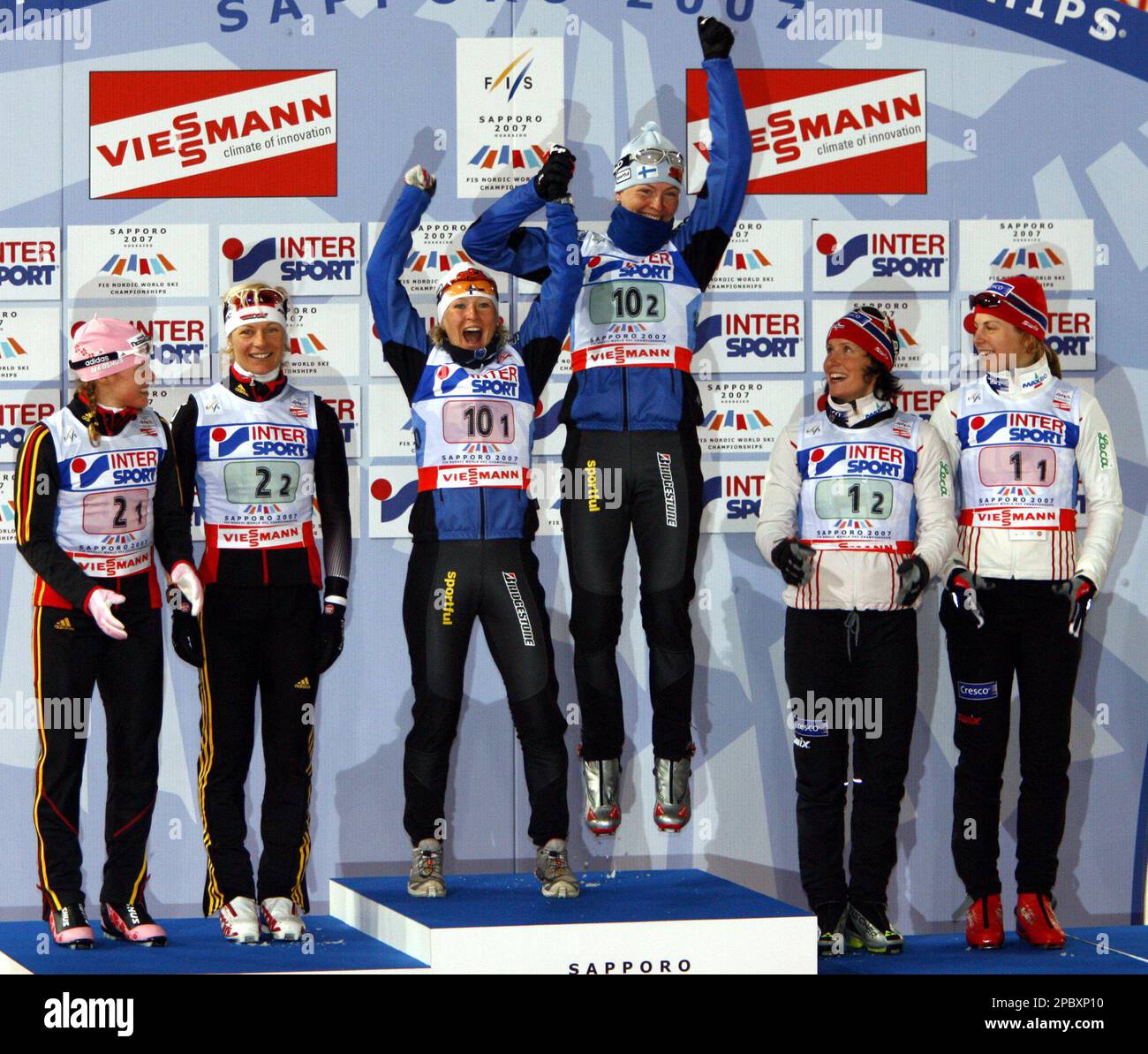 Gold medalists Finland's Riitta Liisa (10-1), third from left, and ...