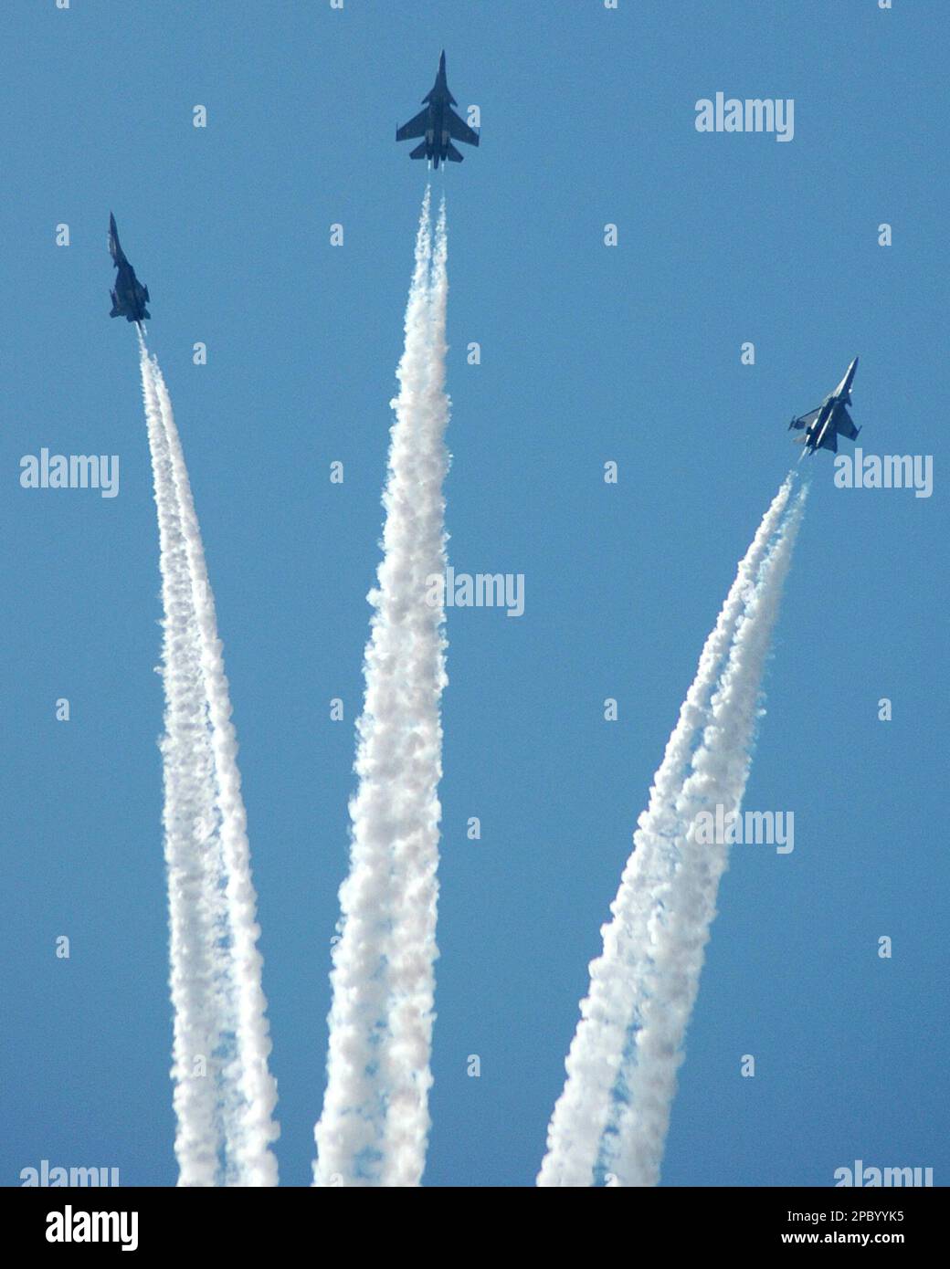 Three Indian Air Force (IAF) Sukhoi-30 MKIs aircrafts display their ...