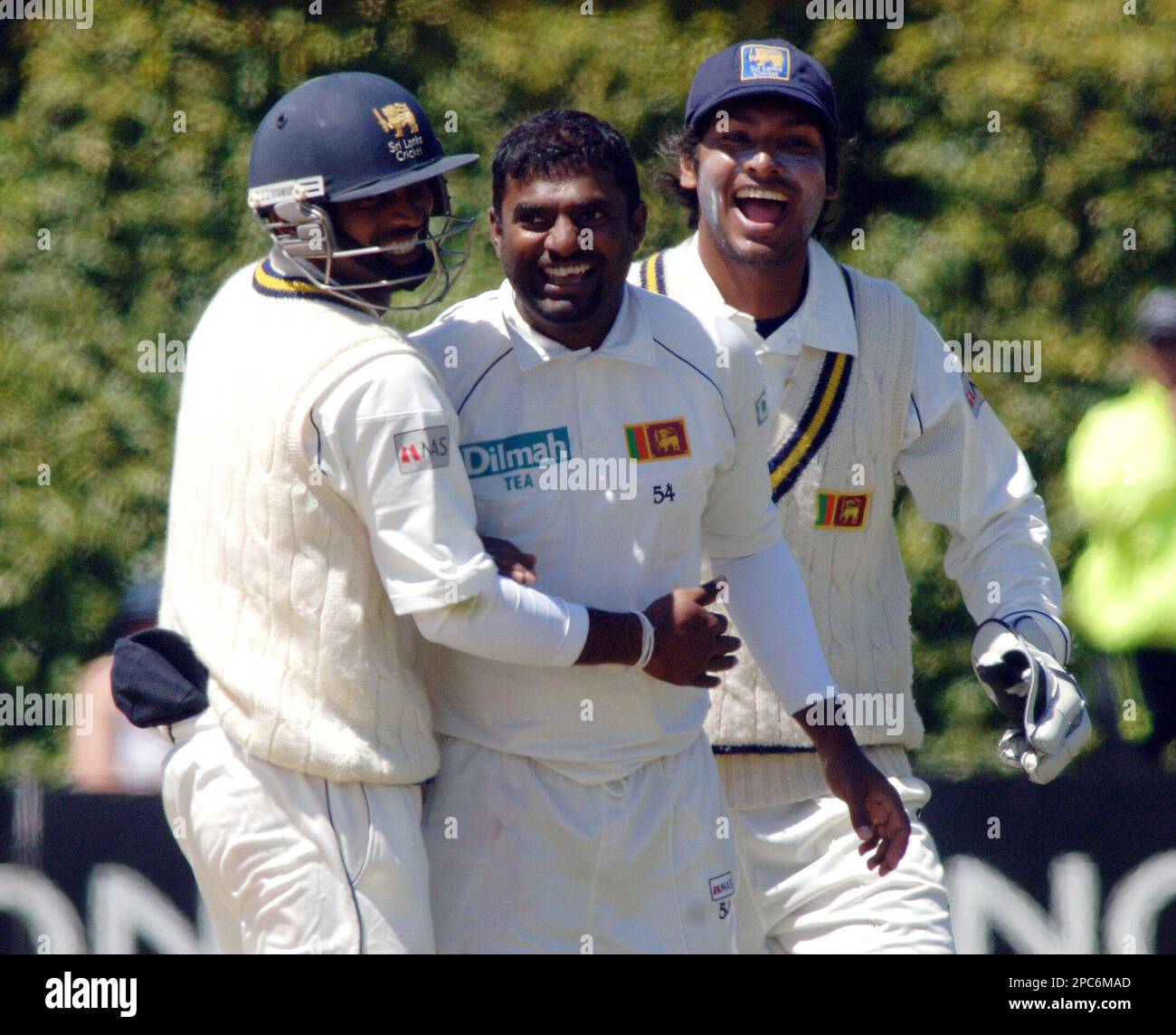Sri Lanka's Muttaih Muralitharan, center, is congratulated by teammates ...