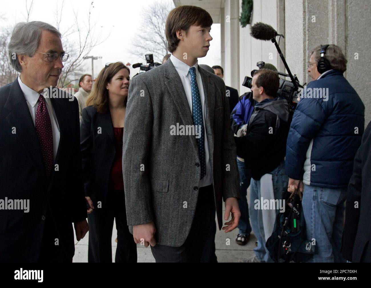 Former Duke lacrosse player Collin Finnerty, center, arrives at the ...