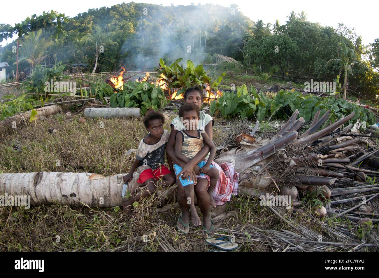 Famille assise sur un arbre tombé près des ordures en feu, Warmindi ...