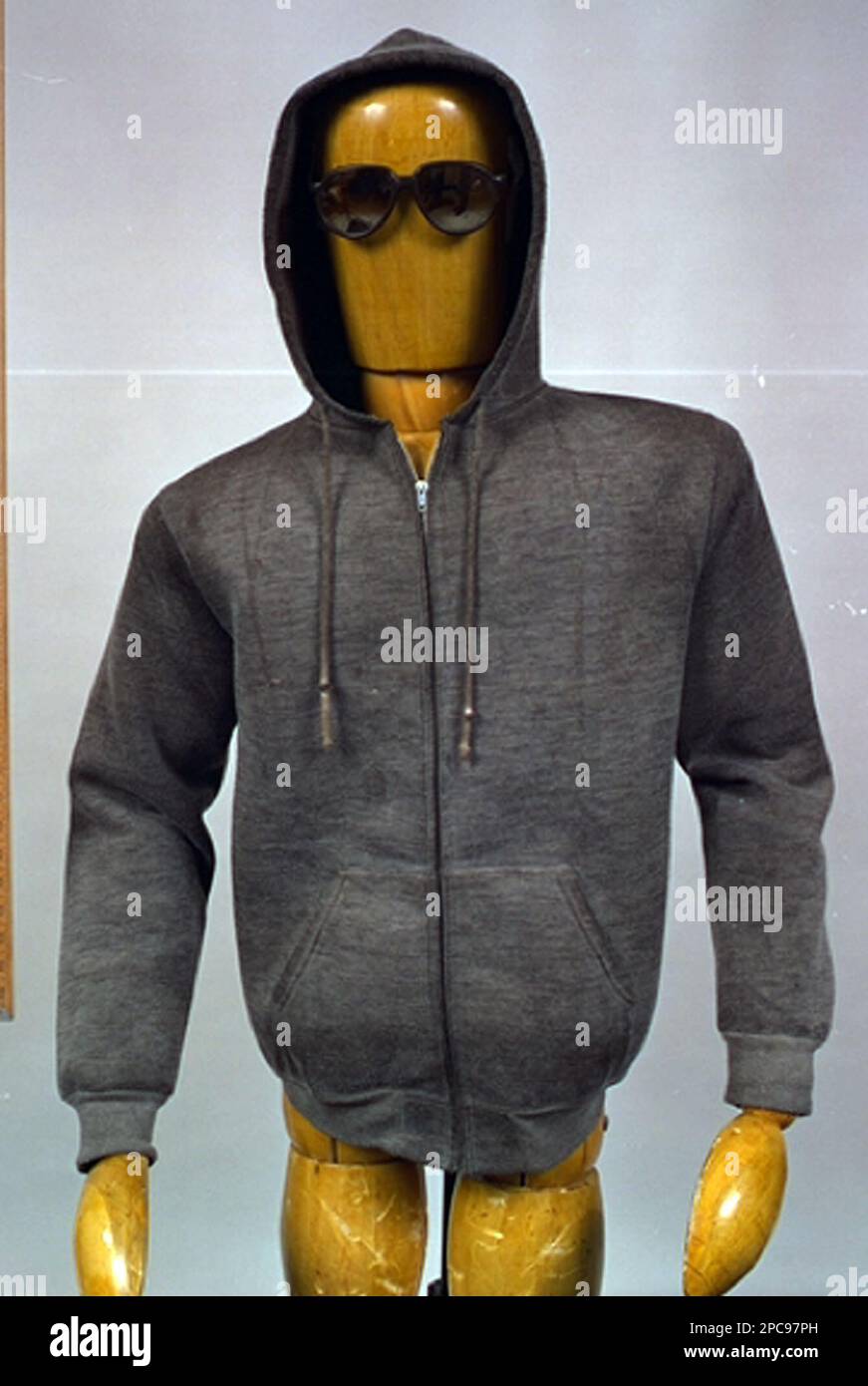 This undated photograph shows the infamous hooded sweatshirt and sun ...