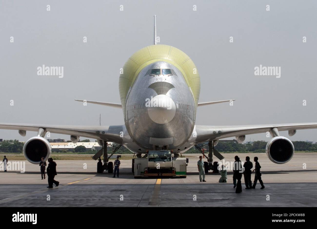 A newly completed Boeing 747-400 Large Cargo Freighter rolls of an Eva ...