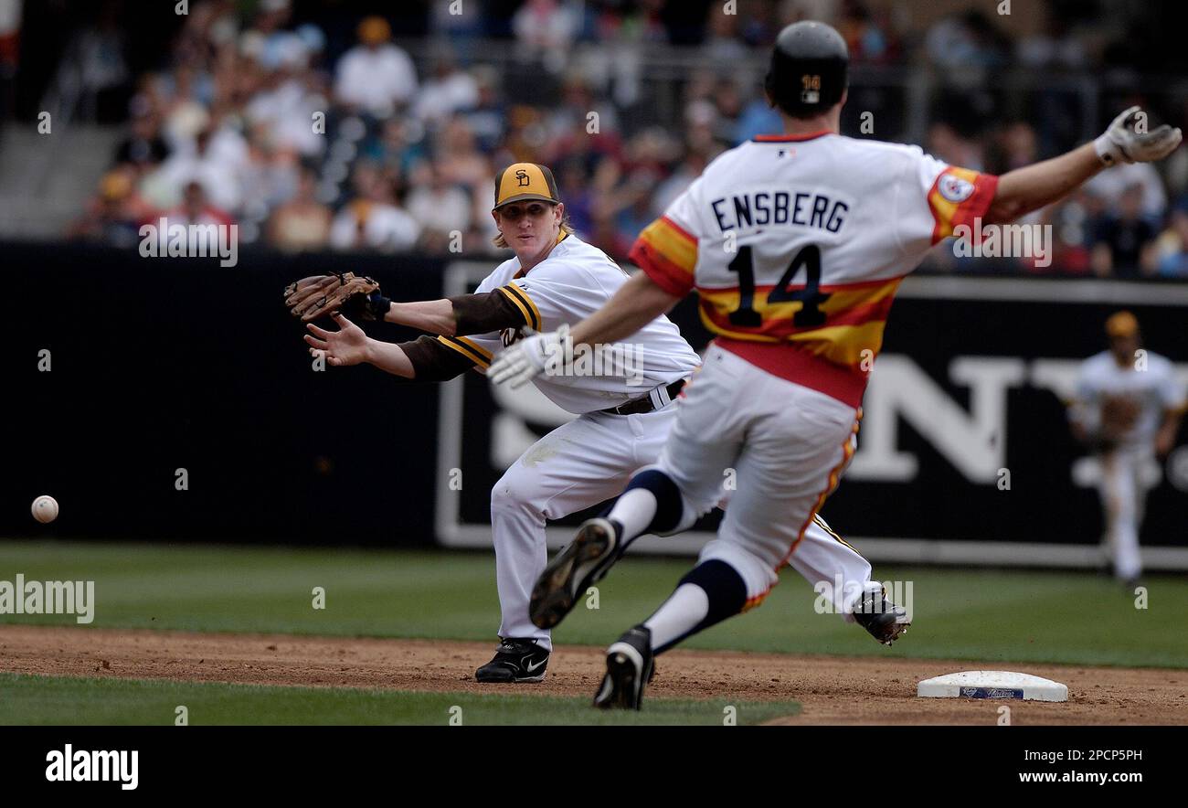 Houston Astros' Morgan Ensberg, right, slides safely into second base ...