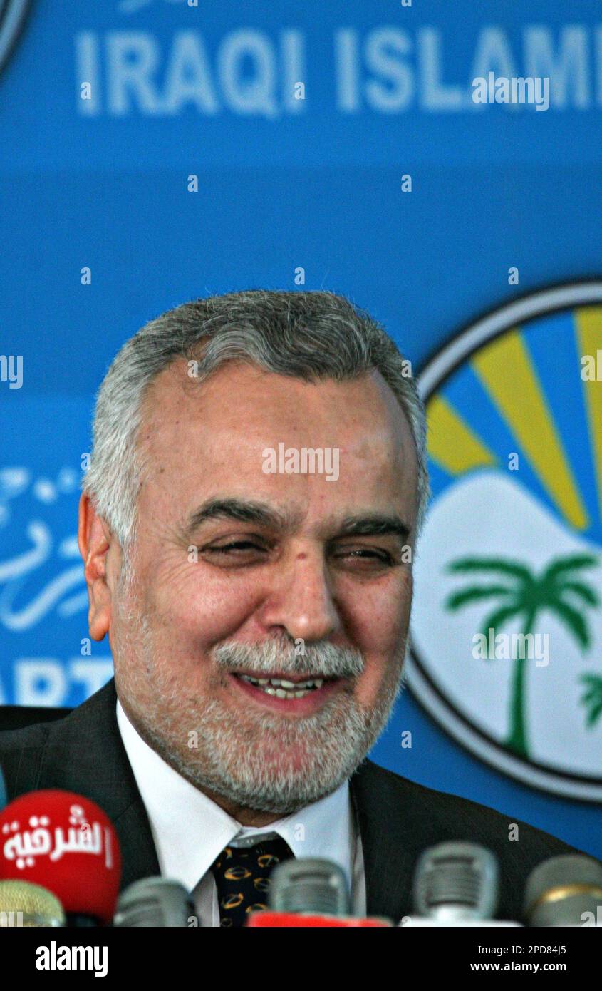 Tariq al-Hashimi, leader of the Iraqi Islamic Party speaks to media ...