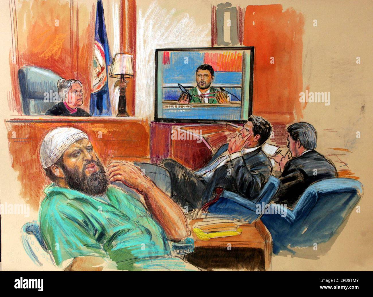 This artist's rendering shows Zacarias Moussaoui, Assistant U.S ...