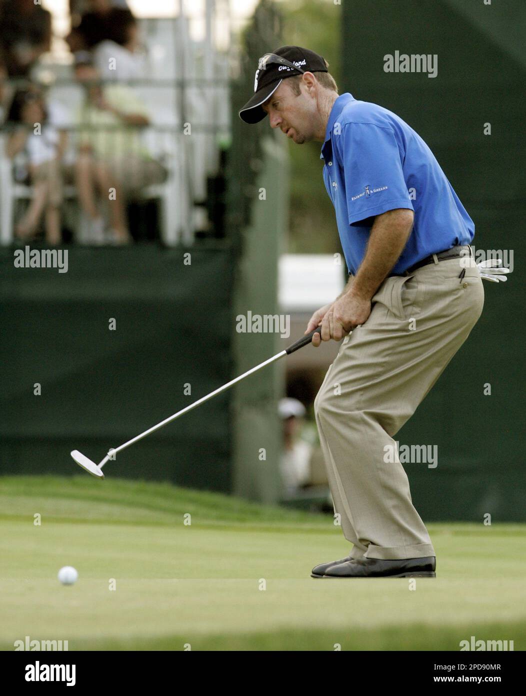 Rod Pampling of Australia reacts after missing a birdie putt on the ...