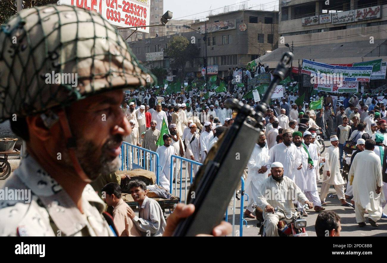 A soldier of Pakistan para-military force stands alert before a rally ...