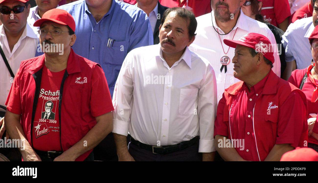 Medardo Gonzalez, General Secretary of FMLN, left, Former President of Nicaragua, Daniel Ortega ...