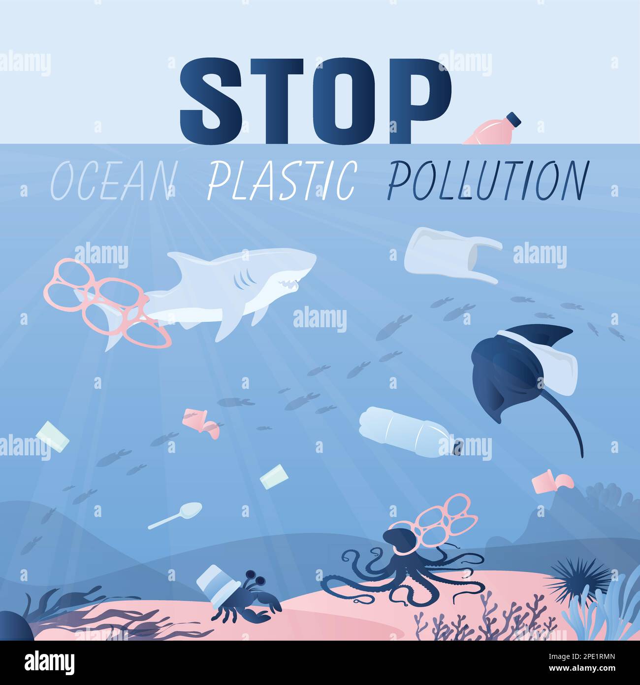 Monde sous-marin avec déchets en plastique et divers déchets. Arrêter ...