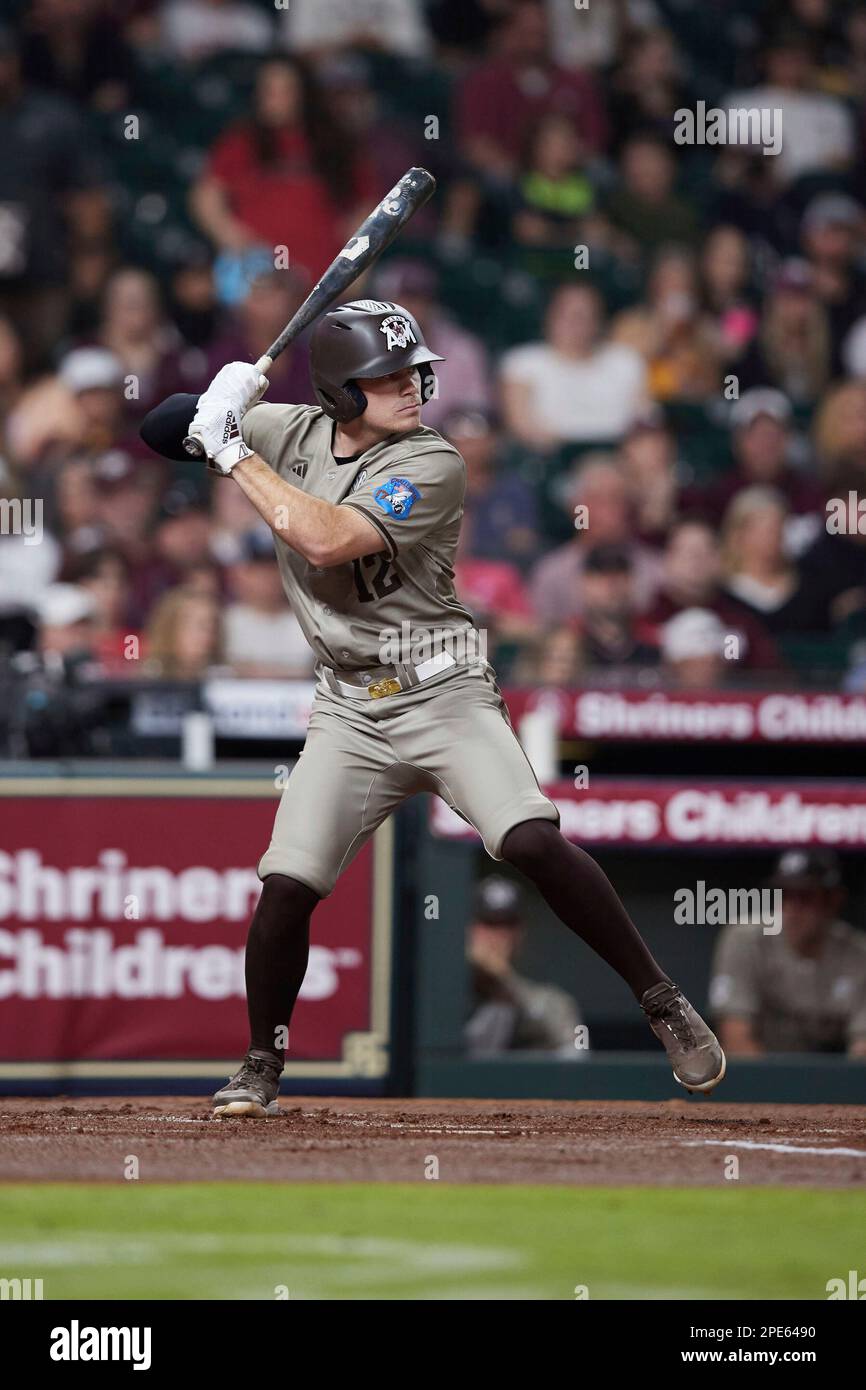 Austin Bost (12) of the Texas A&M Aggies at bat against the Texas Tech ...
