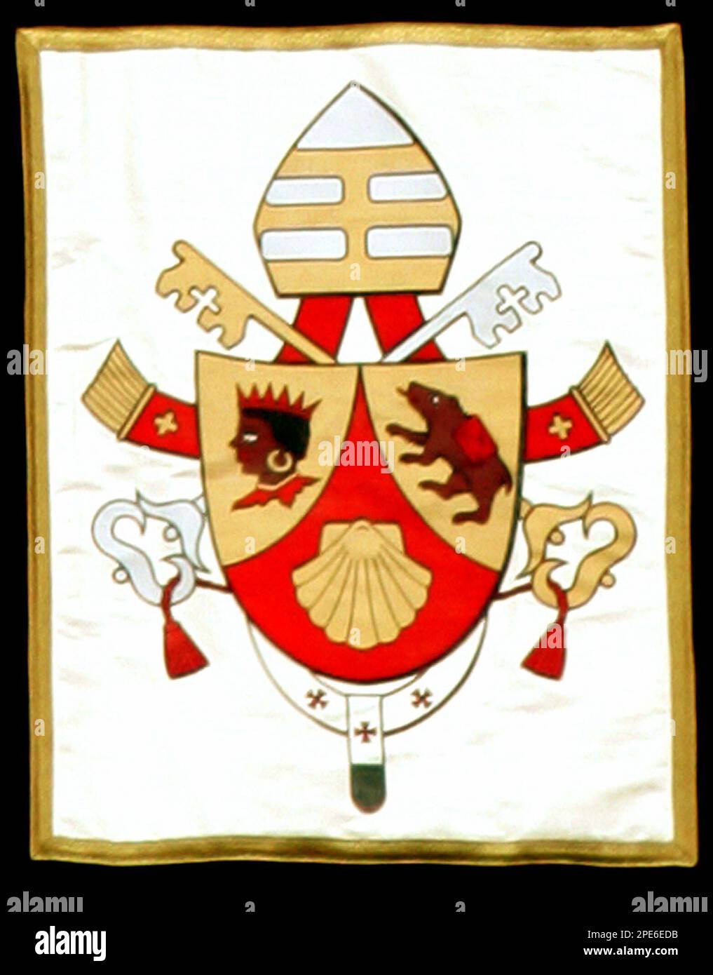 A view of the new coat of arms of Pope Benedict XVI as seen on a ...