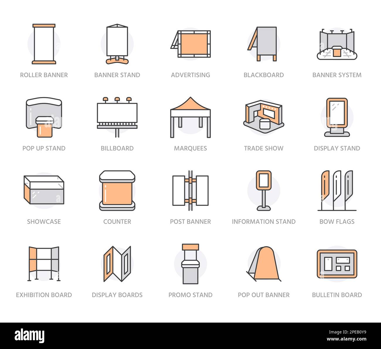 Jeu d'icônes de la ligne plate d'exposition. Bannière du salon ...