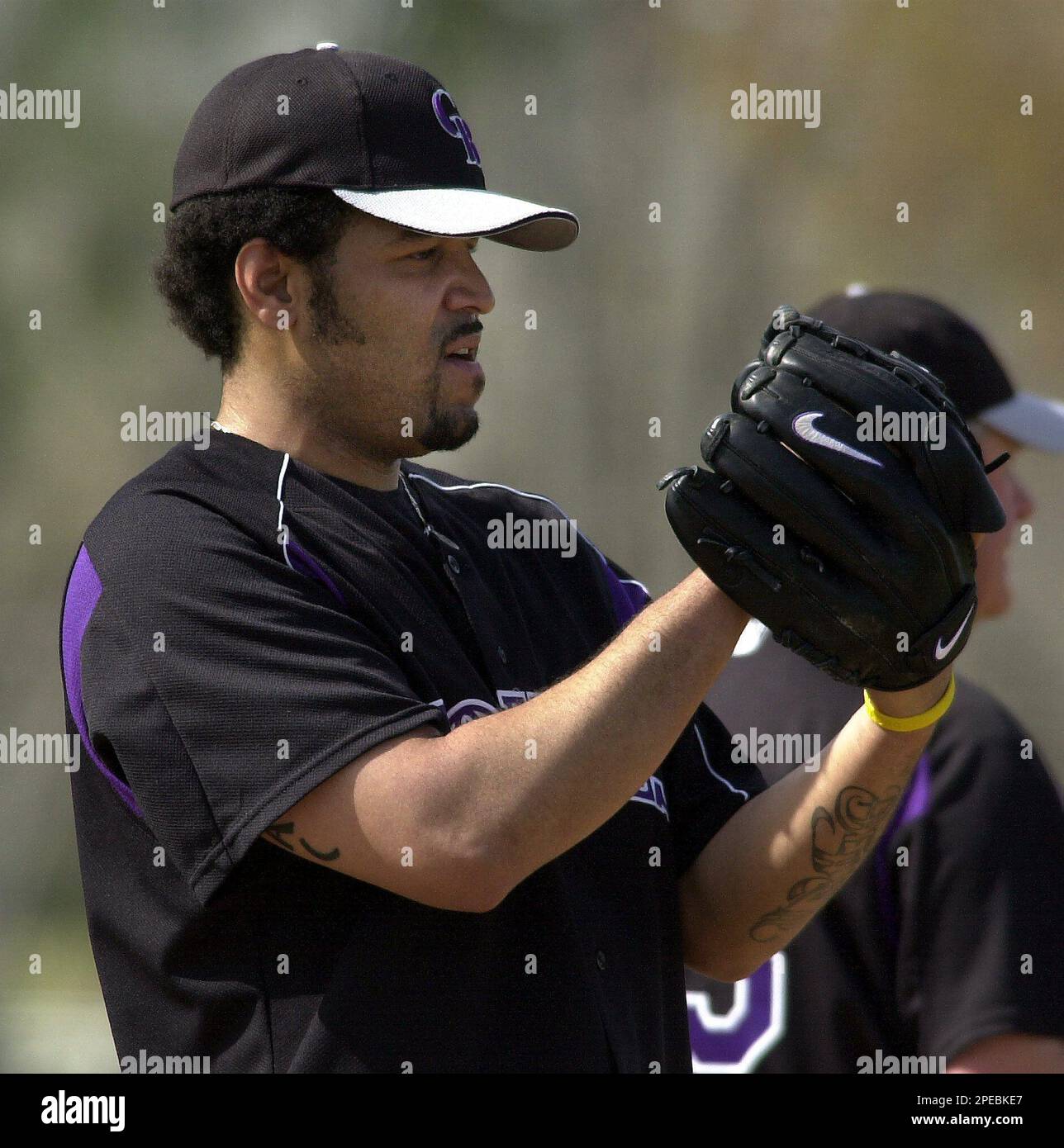 **FILE ** Colorado Rockies' pitcher Shawn Chacon studies his signal ...
