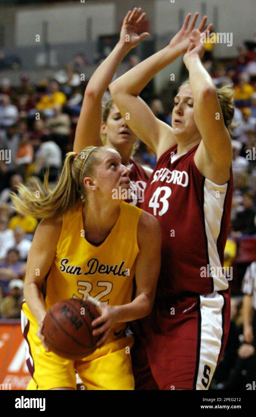 Arizona State's Aubree Johnson, left, looks to shoot after grabbing an ...