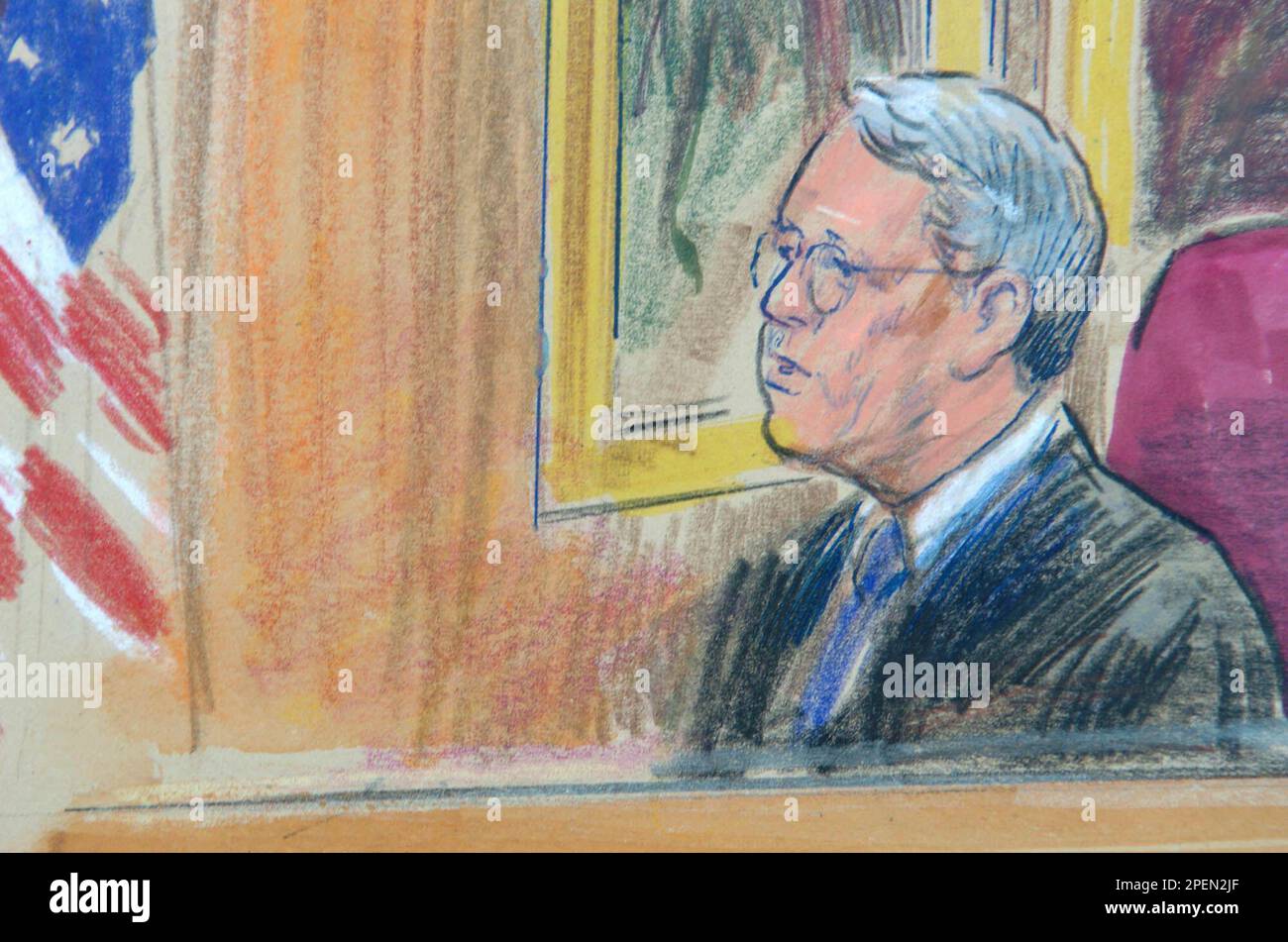 Artist rendering of Judge M. Langhorne Keith presiding at a pretrial ...