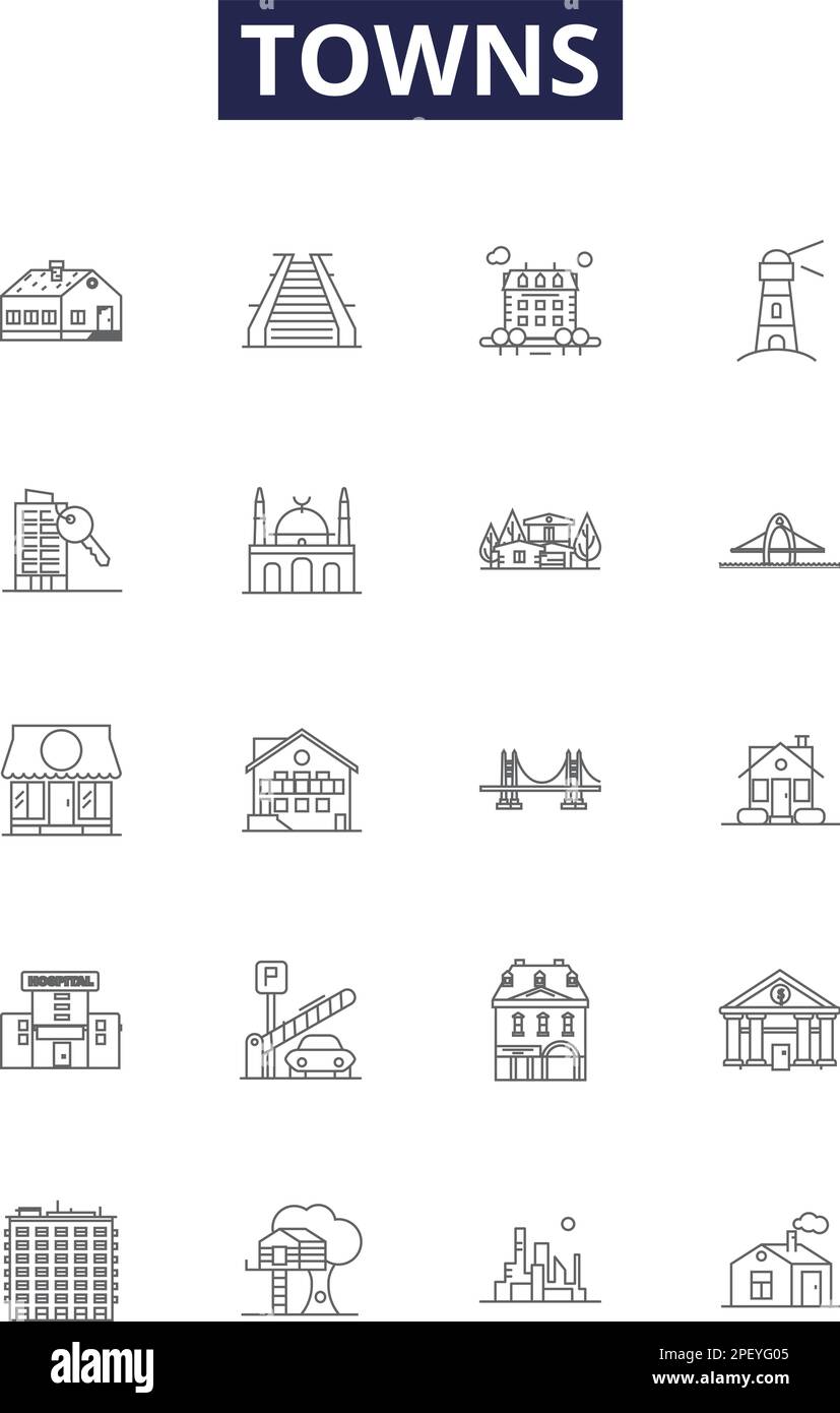 Icônes et signes vectoriels de la ligne des villes. Villes, communes ...