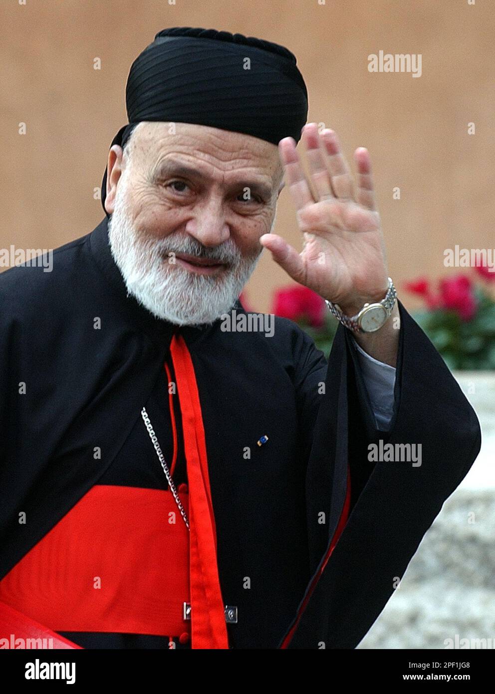 Lebanese Cardinal Pierre Nasrallah Sfeir waves prior to a cardinals ...