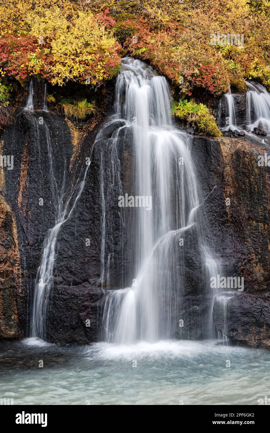 Petite cascade en Islande, l'eau provient d'une plaine densément ...