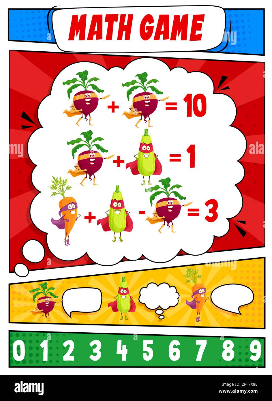 Feuille de calcul de jeu de maths caricature légume superhéros ...
