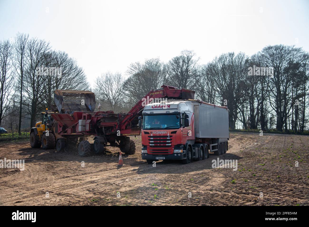 Un camion Scania tire une remorque de benne basculante à plancher ...