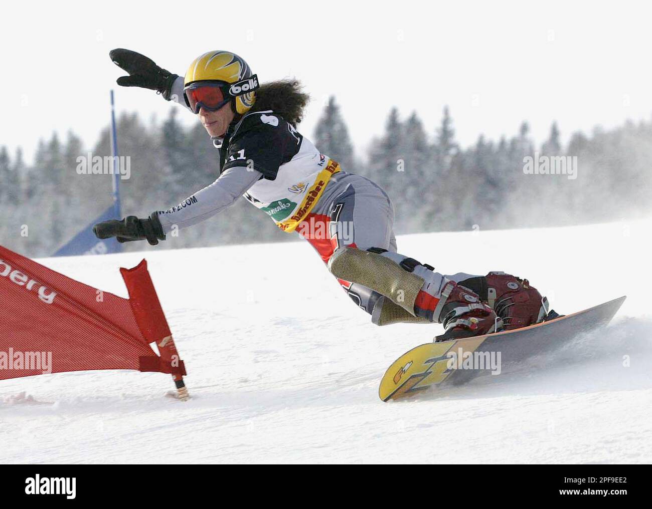 Julie Pomagalski from France clears a gate during the women's snowboard ...