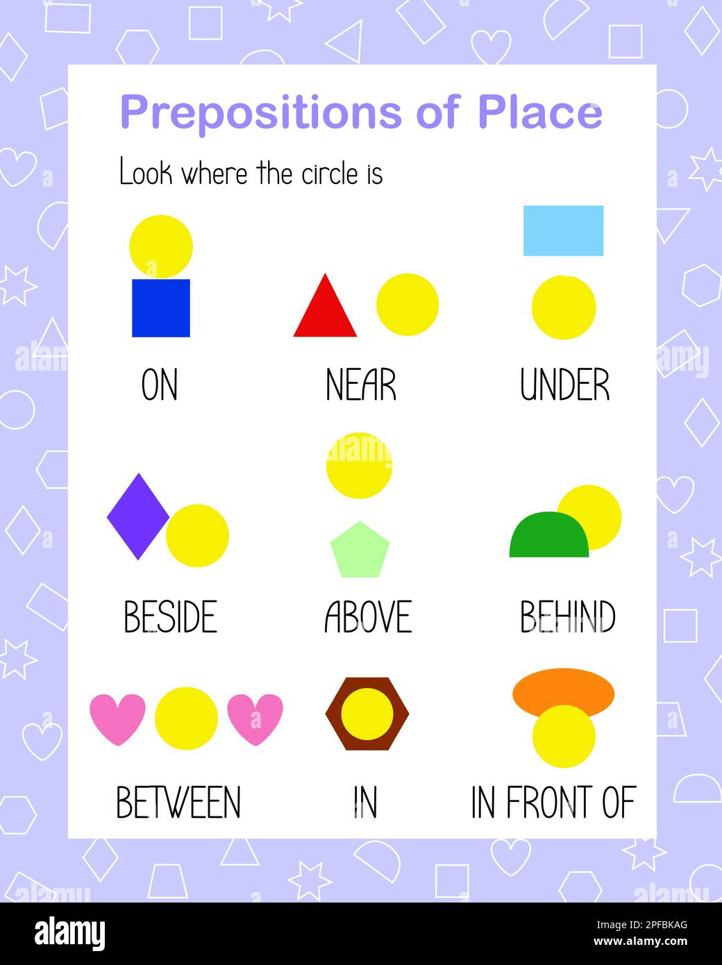 Prépositions de lieu avec formes géométriques feuille de travail pédagogique imprimable, vecteur ...