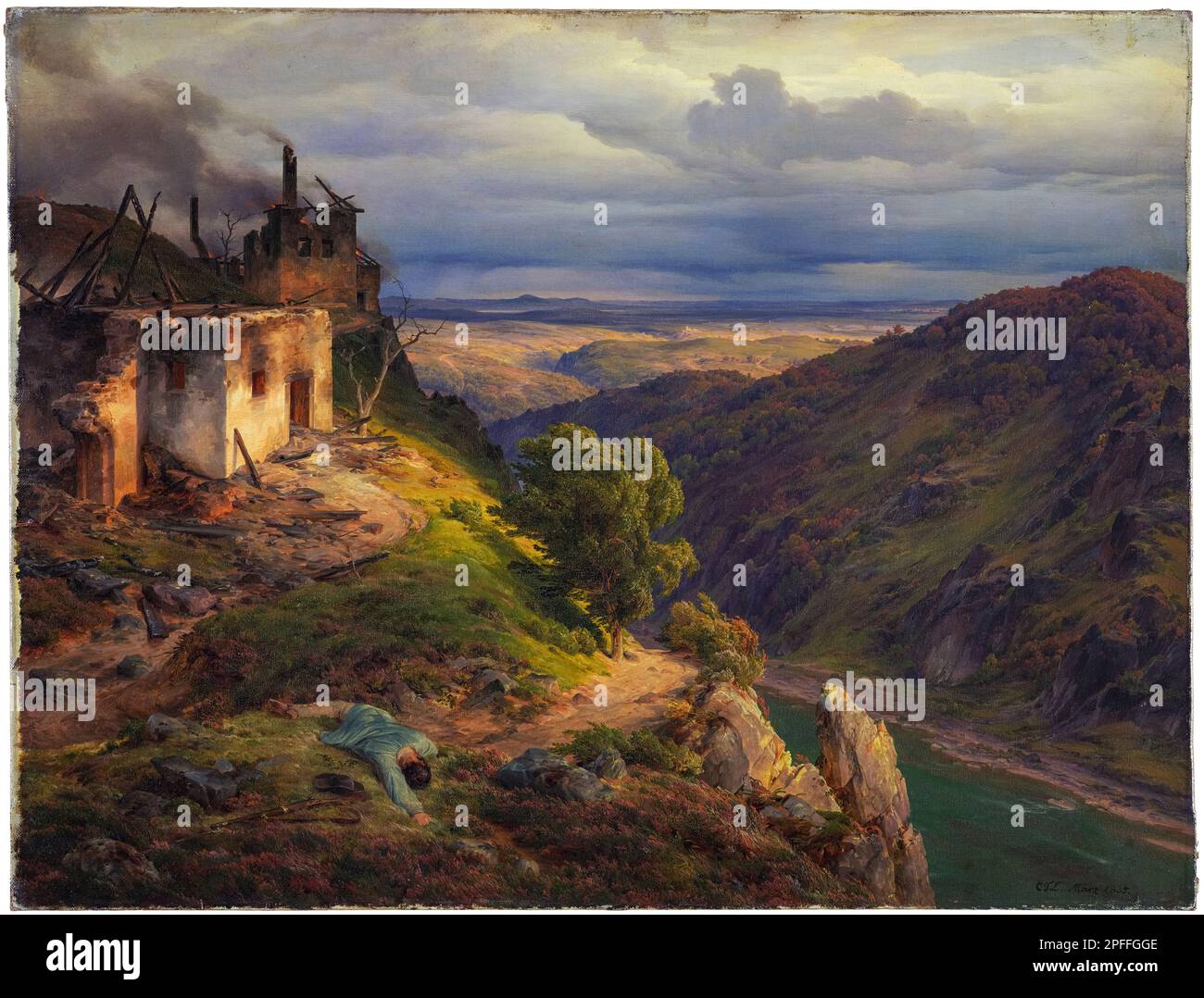 Karl Friedrich Lessing, Paysage avec un bâtiment brûlé ou fort et ...