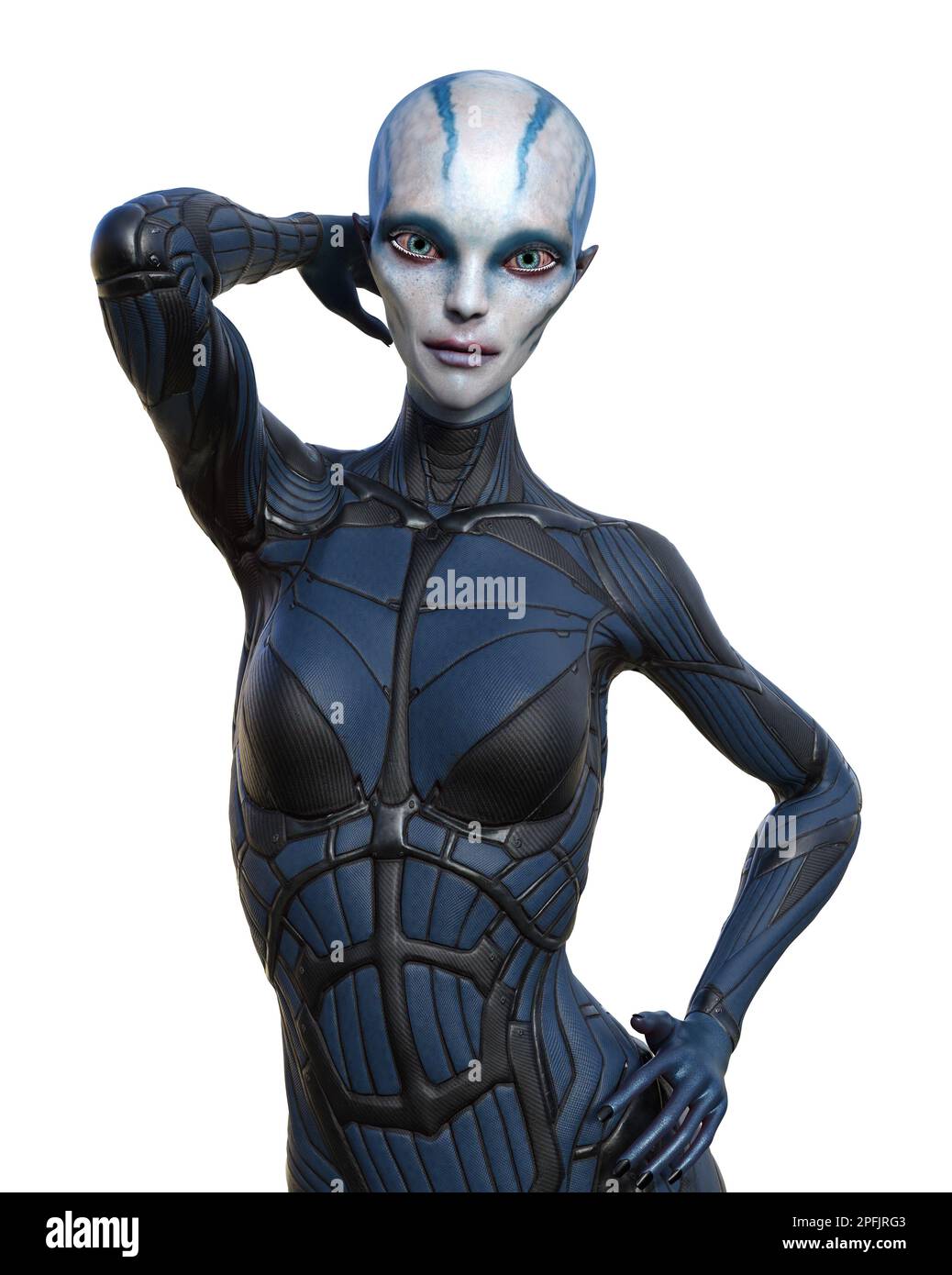 3d illustration de la partie supérieure du torse d'une femme alien chauve avec une peau bleue et ...