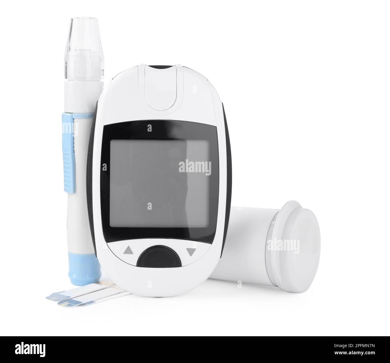 Glucomètre numérique, stylo à lancette et bandelettes de test sur fond ...