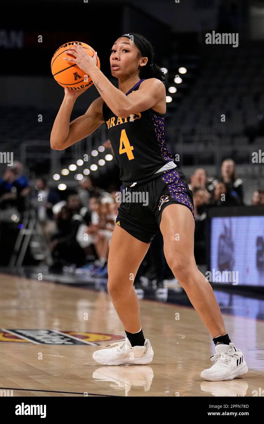 East Carolina guard Synia Johnson looks to make a pass during an NCAA ...