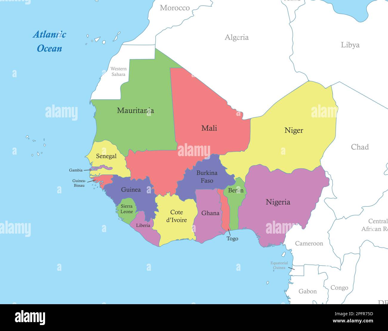 Carte couleur politique de l'Afrique de l'Ouest avec frontières des ... Carte couleur politique de l'Afrique de l'Ouest avec frontières des ...