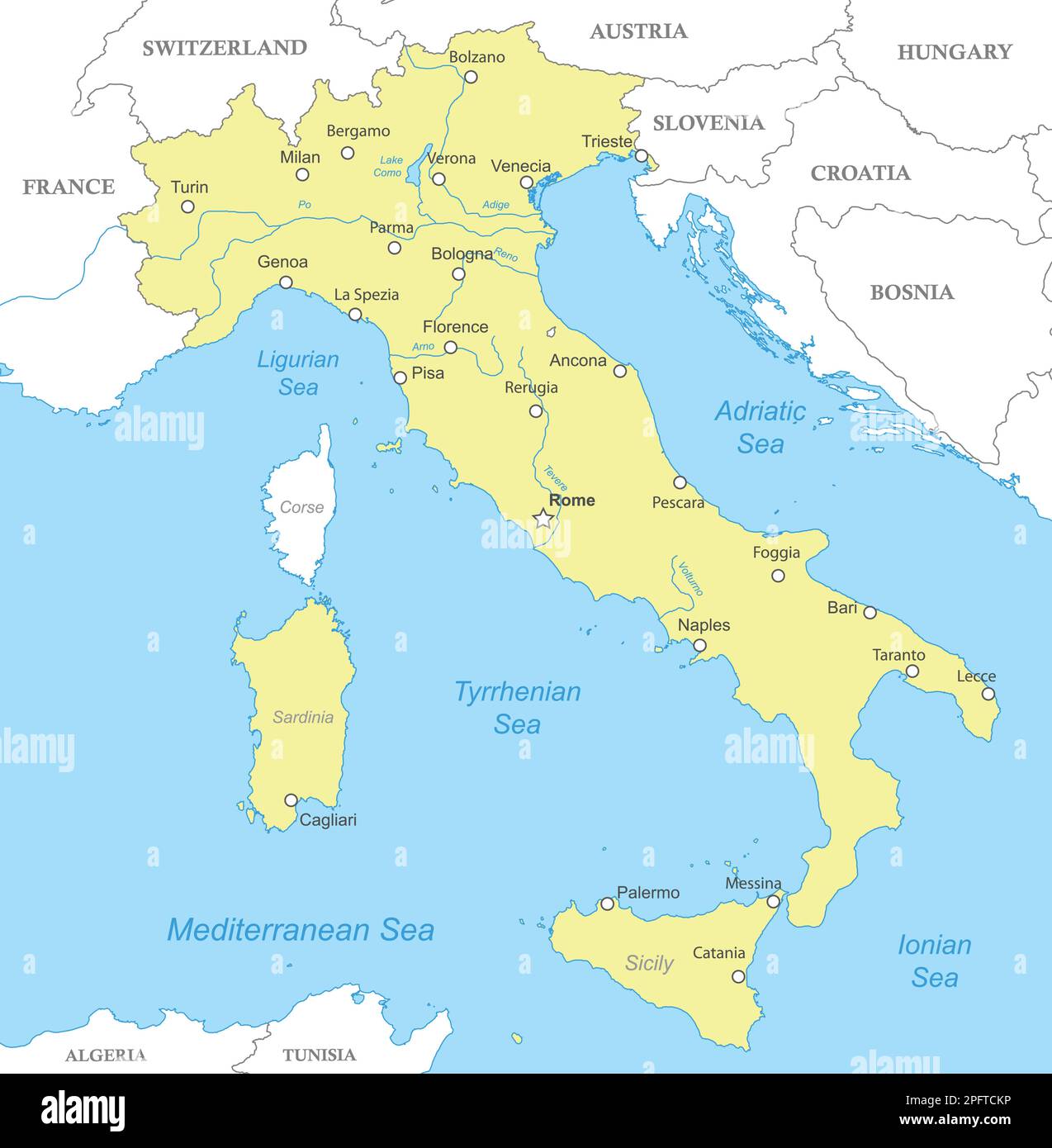 Carte politique de l'Italie avec frontières nationales, villes et ...