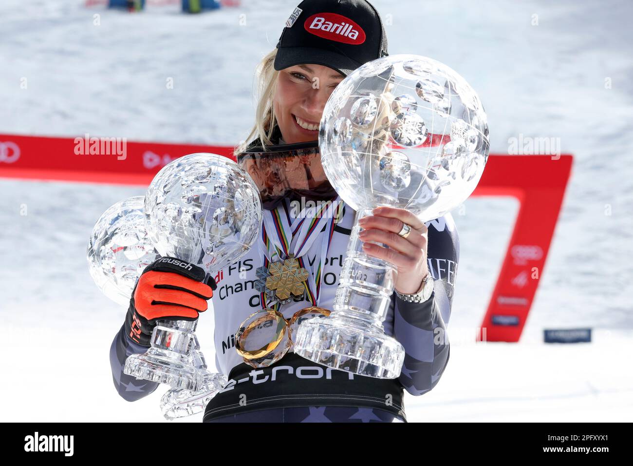 United States' Mikaela Shiffrin poses with her trophies for the alpine ...