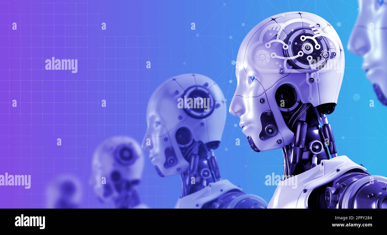 La rangée de 3D portraits de robots humanoïdes avec le cerveau ...