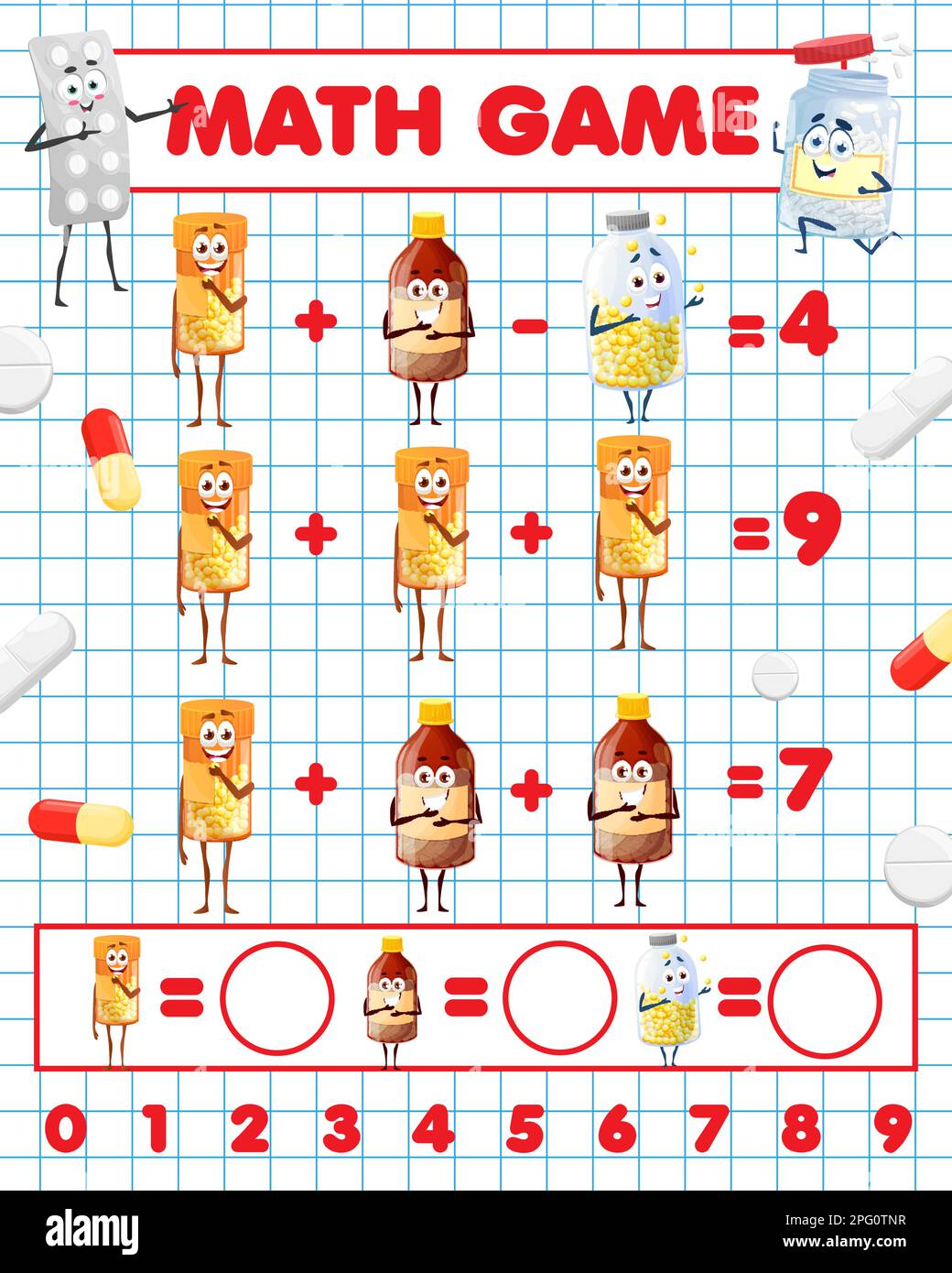 Feuille de calcul de jeu de maths de pilules de dessin animé et de ...