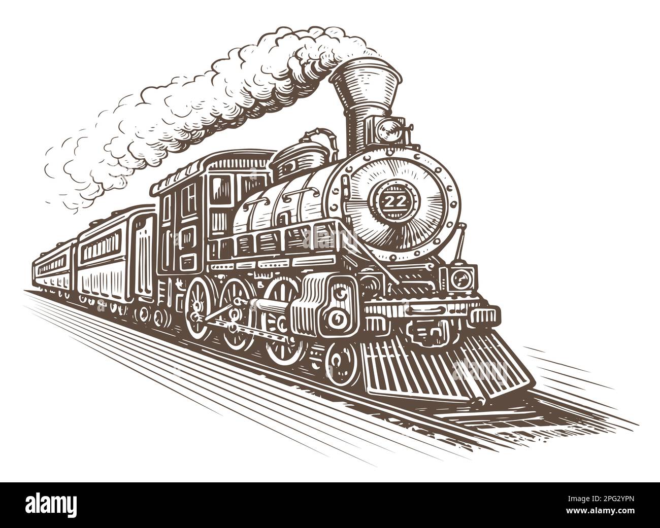 Train rétro en mouvement dessiné à la main, croquis. Locomotive à vapeur vintage dans le style ...