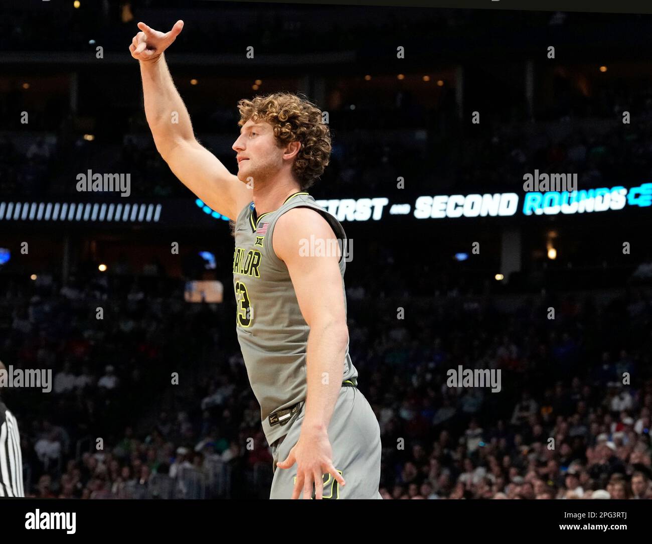 Baylor forward Caleb Lohner (33) reacts after scoring a three-point ...