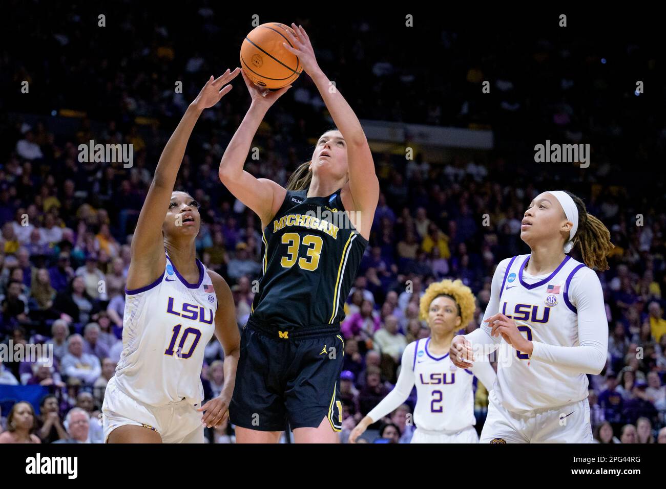 Michigan forward Emily Kiser (33) shoots against LSU forward Angel ...