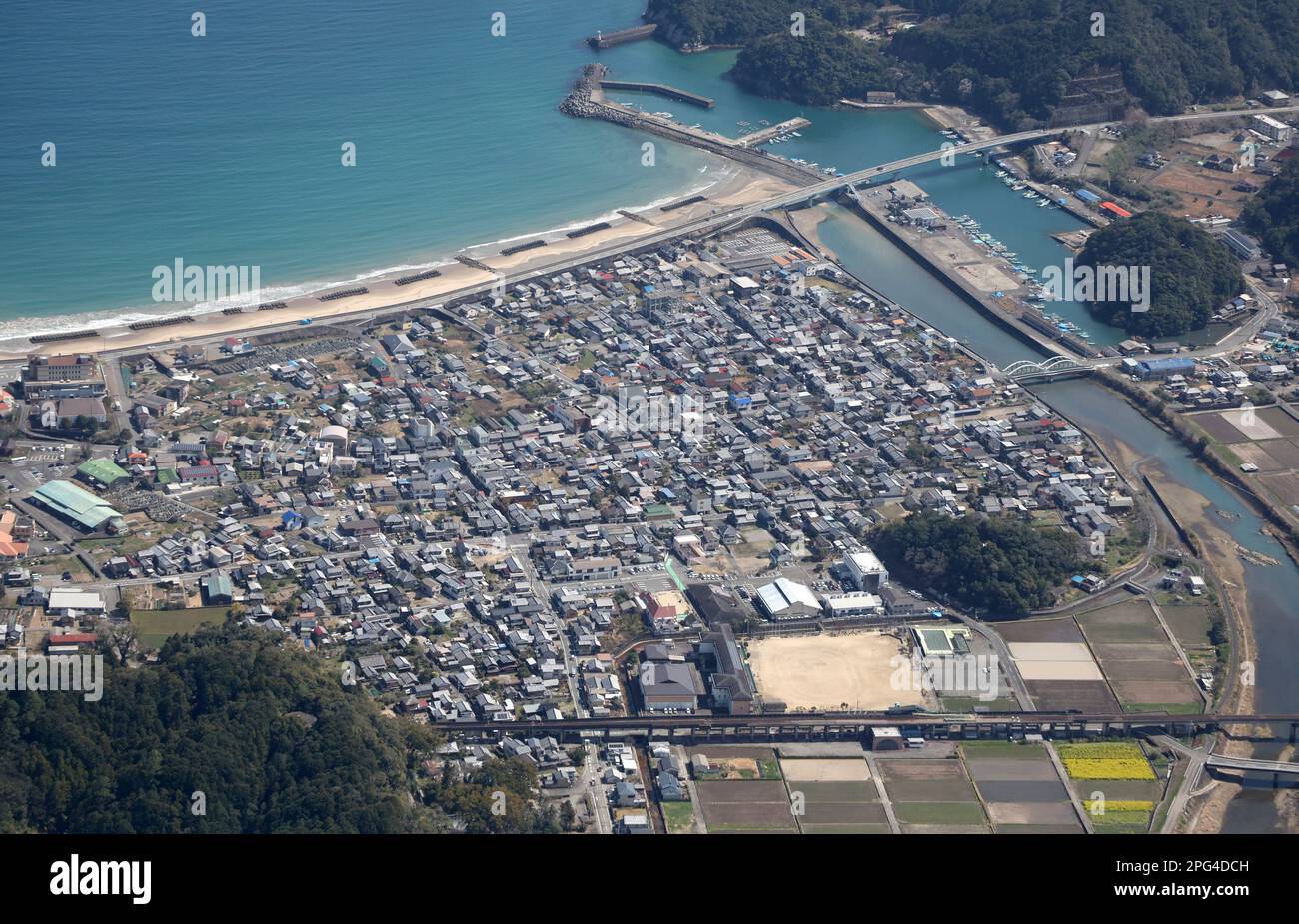 An aerial photo shows Kaiocho town in Tokushima Prefecture where it is ...