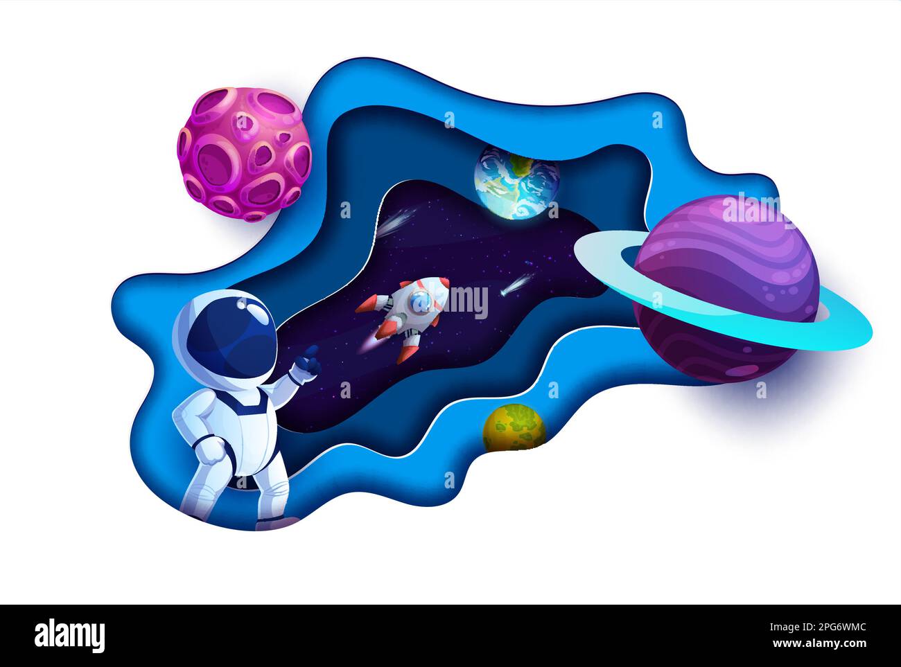 Espace papier coupé, dessin astronaute, fusée et galaxie , planètes ...