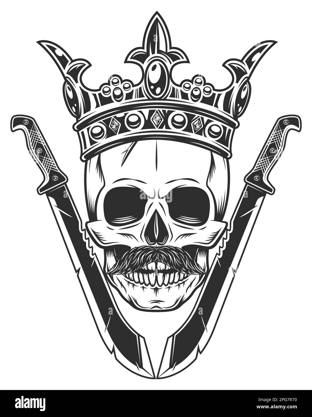 Crâne dans la couronne royale roi et la moustache avec la croix ...