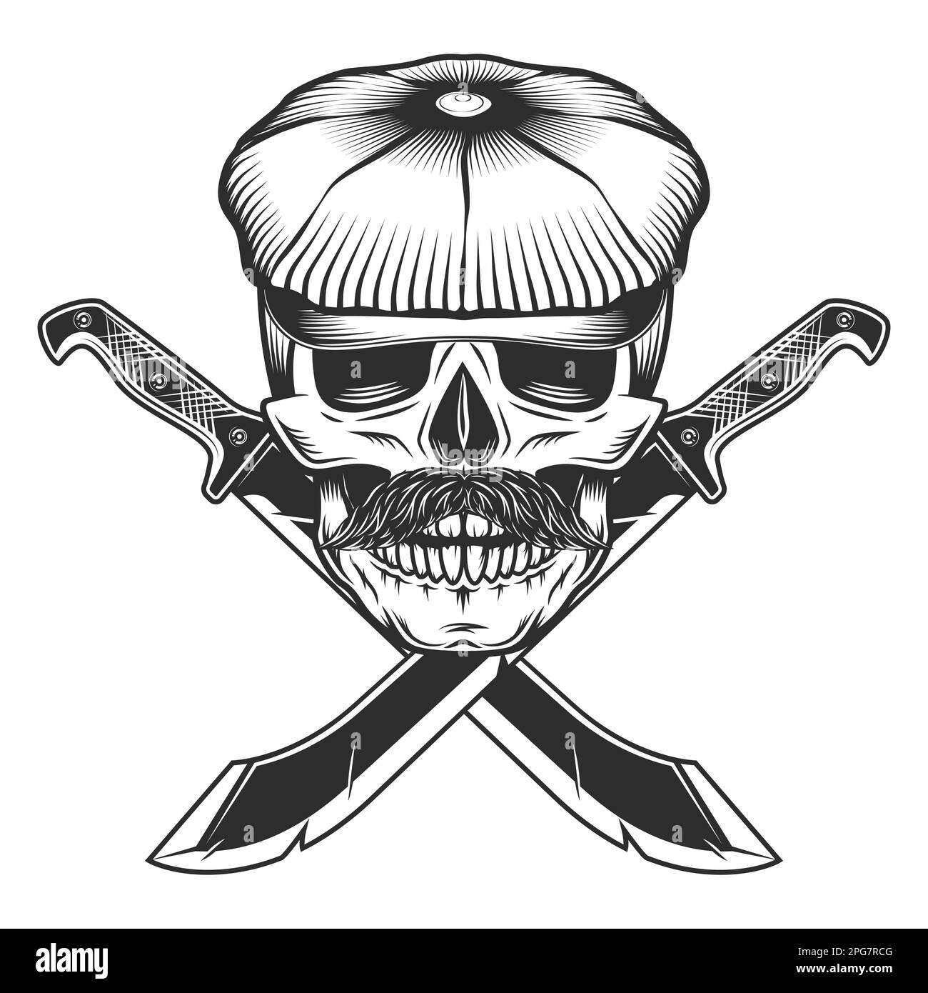 Crâne à tête plate et moustache avec couteau et ruban tranchants à ...