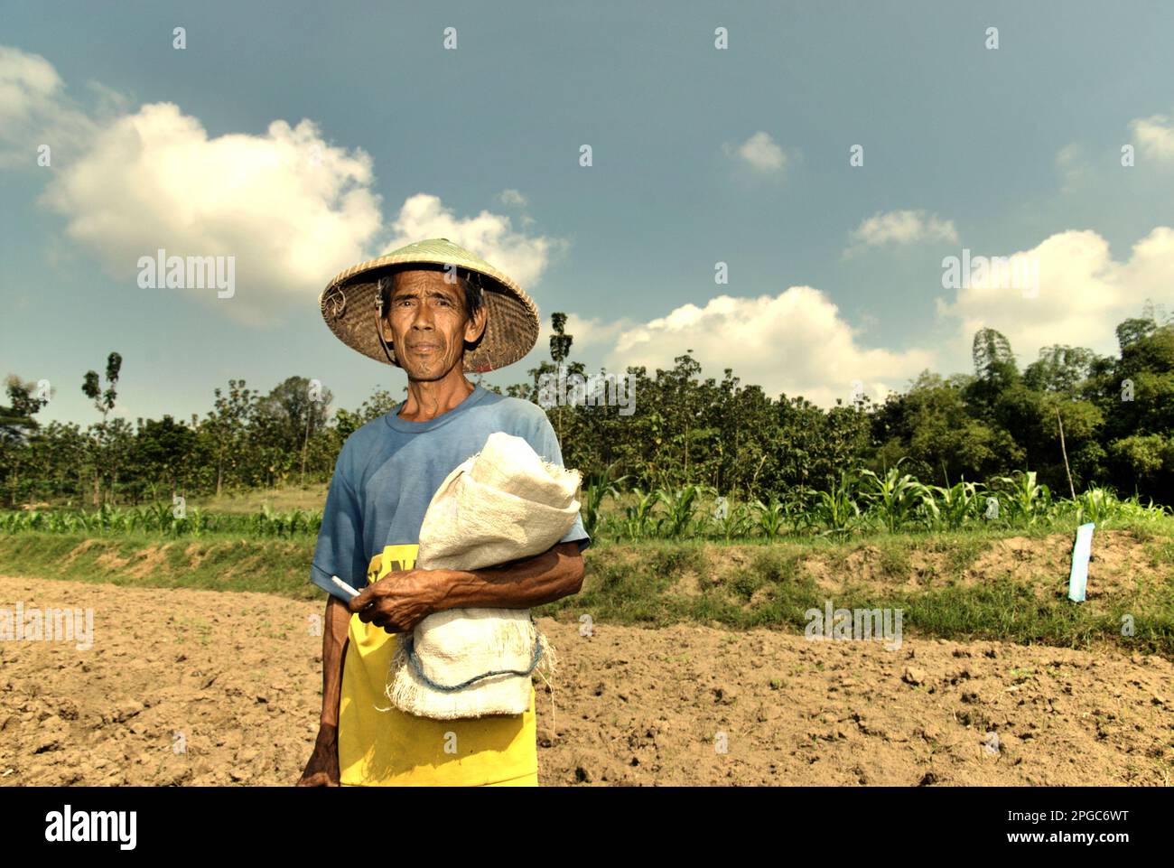 Portrait d'un agriculteur sur fond de terre sèche et de champ de maïs ...